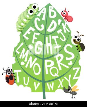 Illustration of Caterpillar, Ant, Beetle, Lady Bug on a Big Leaf Board ...