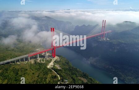 Aerial view of the Yachi River Bridge, one of the longest cable-stayed ...
