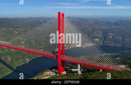 Aerial view of the Yachi River Bridge, one of the longest cable-stayed ...