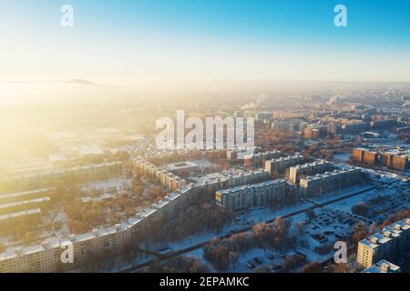 Winter Siberia russian city many old USSR time snow covered panel ...