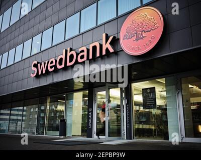 Swedish bank (Swedbank) logo seen on Swedbank Estonia headquarters ...