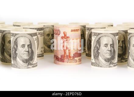 US dollars and Russian roubles banknotes in UV light protection Stock ...