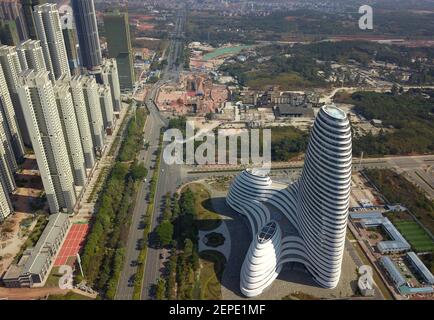 An aerial view of the unique-shaped Guangxi New Media Center, a new ...
