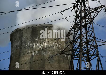 electric pylon and pipes of coal burning power station Stock Photo - Alamy