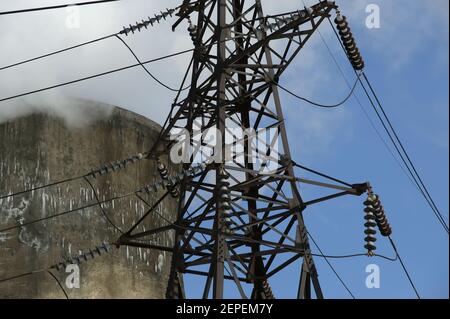 electric pylon and pipes of coal burning power station Stock Photo - Alamy