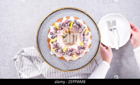 Step by step. Decorating lemon cranberry bundt cake with sugar ...