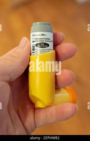Albuterol sulfate inhaler, commonly used in the treatment of asthma as ...