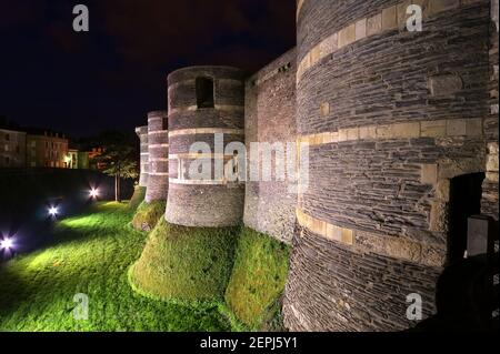 Exterior of Angers Castle at night , Angers city, Maine-et-Loire ...