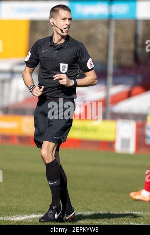 Crawley, UK. 27th Feb, 2021. Jack Powell #8 of Crawley Town gets the ...
