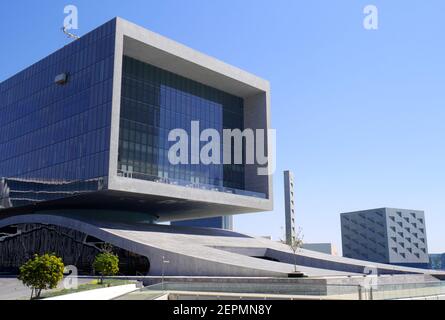 The cuboid Arcapita building with the East Park Mosque behind, Bahrain ...