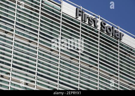 A logo sign outside of the headquarters of First Solar, Inc., in Tempe ...
