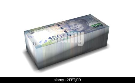 3D illustration of South Africa 100 Rand bills stacks background Stock ...