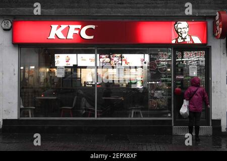 A closed sign in a KFC restuarant window in Woolwich London, UK on ...