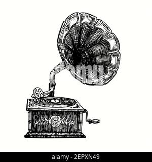Hand drawn vintage phonograph with rose flowers decoration. Ink black ...