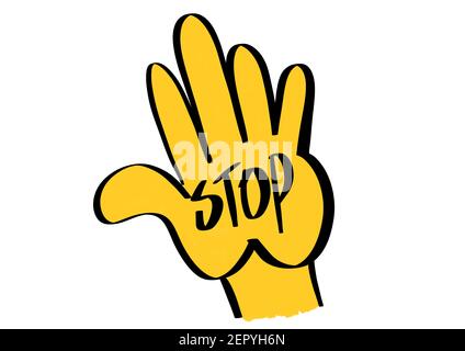 Simple basic line drawing illustration of a hand with stop written on ...