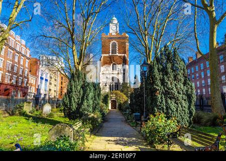 14th century Bow Church with a small churchyard in Bow, Tower Hamlets ...