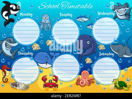 Weekly planner template with sea animals silhouette. Schedule design ...