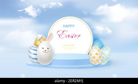 3d render of a podium box with spring flowers and an Easter bunny in ...