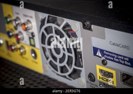 The rear of a Verizon Fios set top box, showing the various ports and ...