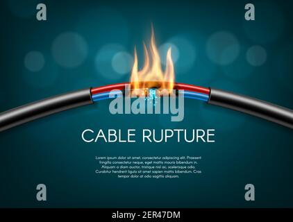 Cable rupture break, electric power wire sparks burn, vector ...