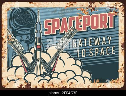 Outer space exploration vector rusty metal plate. Rockets carry shuttle ...