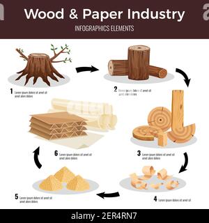 Wood paper manufacturing flat infographic schema from cut logs lumber ...