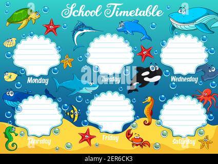 Weekly planner template with sea animals silhouette. Schedule design ...