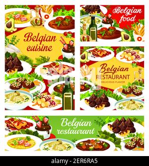 Belgian cuisine vector menu meals liver medallions, chicken with cherry ...