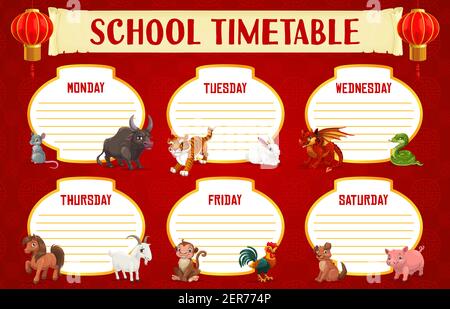 Timetable schedule. Cartoon red dragon with egg in fairy cave on kids ...