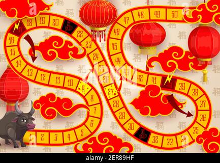Child board game with Chinese New Year symbols. Children playing ...
