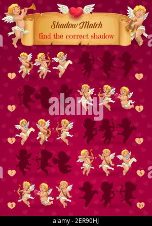Saint Valentine day matching game with cupid and hearts. Holiday math ...