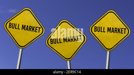 bull - three yellow signs with blue sky background Stock Photo - Alamy