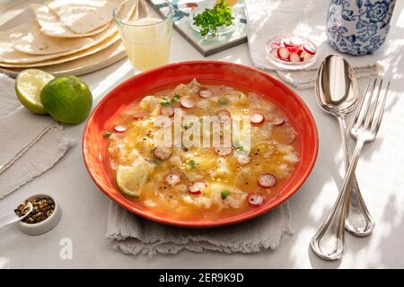 Close-up of a Peruvian ceviche with pieces of fish and lemon Stock ...