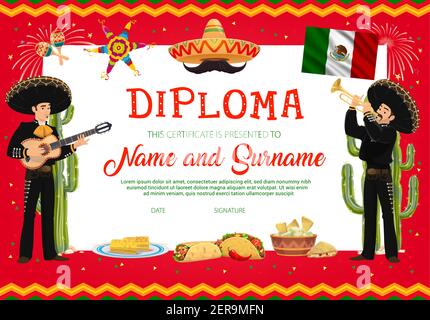 School education diploma, vector chilli peppers in sombrero playing ...