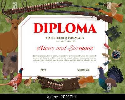 Hunter diploma hunting equipment and weapon. Vector award letter for ...