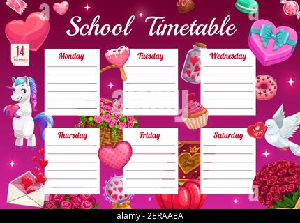 Valentine day child school timetable with amours characters. Kids ...