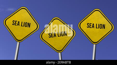 lion - three yellow signs with blue sky background Stock Photo - Alamy