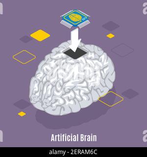 Cyber brain isometric background with image of human brain with network ...