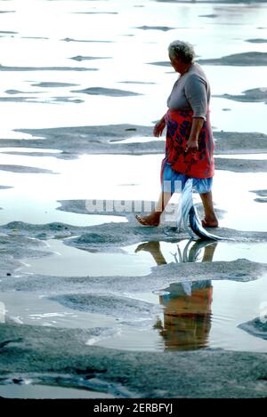 An indigenous woman wading through shallow water of a reef in Tonga ...