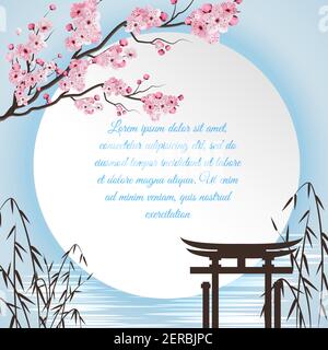 Sakura cartoon concept with Japanese motifs and white circle with place ...