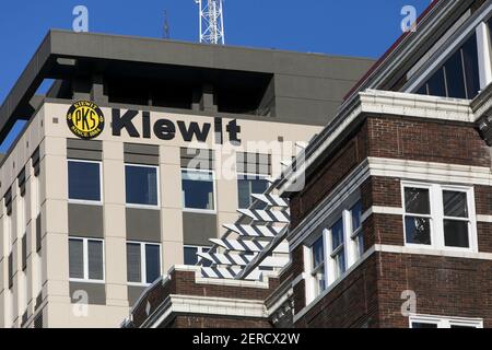 A logo sign outside of Kiewit Plaza, the headquarters of both the ...