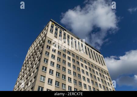 A logo sign outside of Kiewit Plaza, the headquarters of both the ...