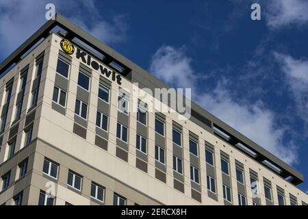 A logo sign outside of Kiewit Plaza, the headquarters of both the ...