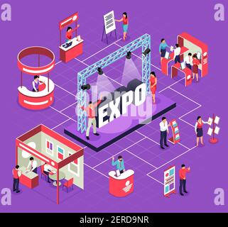 Isometric expo design concept with images of exhibit stands and people ...