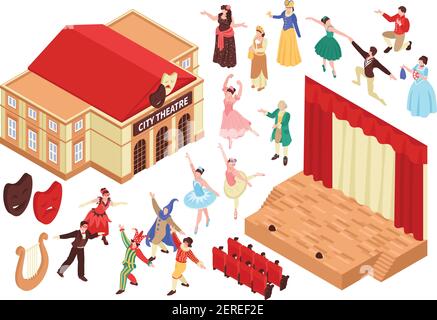 Isometric opera theatre set with isolated images of theater building ...