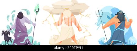 Ancient greek gods 2 horizontal cartoon figures sets with dionysus zeus poseidon aphrodite ...