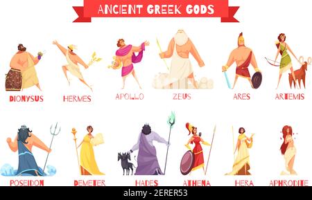 Greek gods and goddess. Olympic cartoon gods and heroes, poseidon, hades, zeus and hermes ...