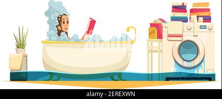 Bathroom flooded interior cartoon vector illustrations. Leaking bathtub ...