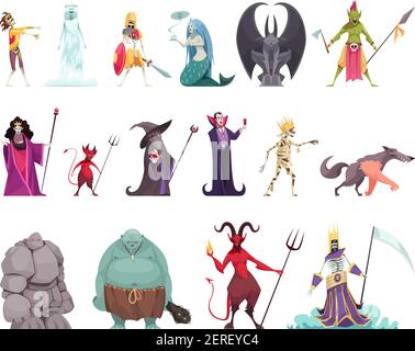 Evil fairy tails characters set with wicked witch stepmother queen ...