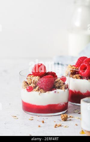 Milk yogurt with raspberries, layered yogurt with raspberry flavor and ...